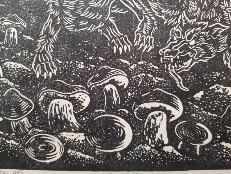Linocut Print "the Black Shuck" Hand Carved Hand Printed Wolf Print ...