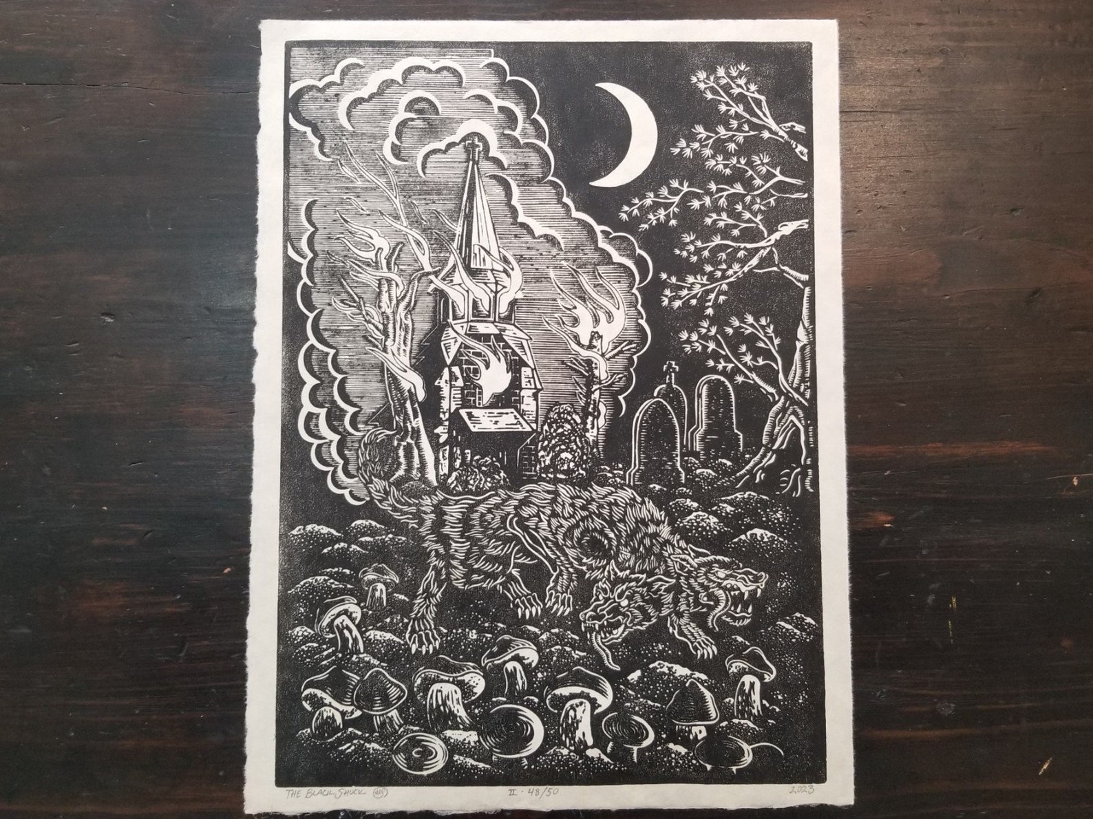 Linocut Print "the Black Shuck" Hand Carved Hand Printed Wolf Print ...