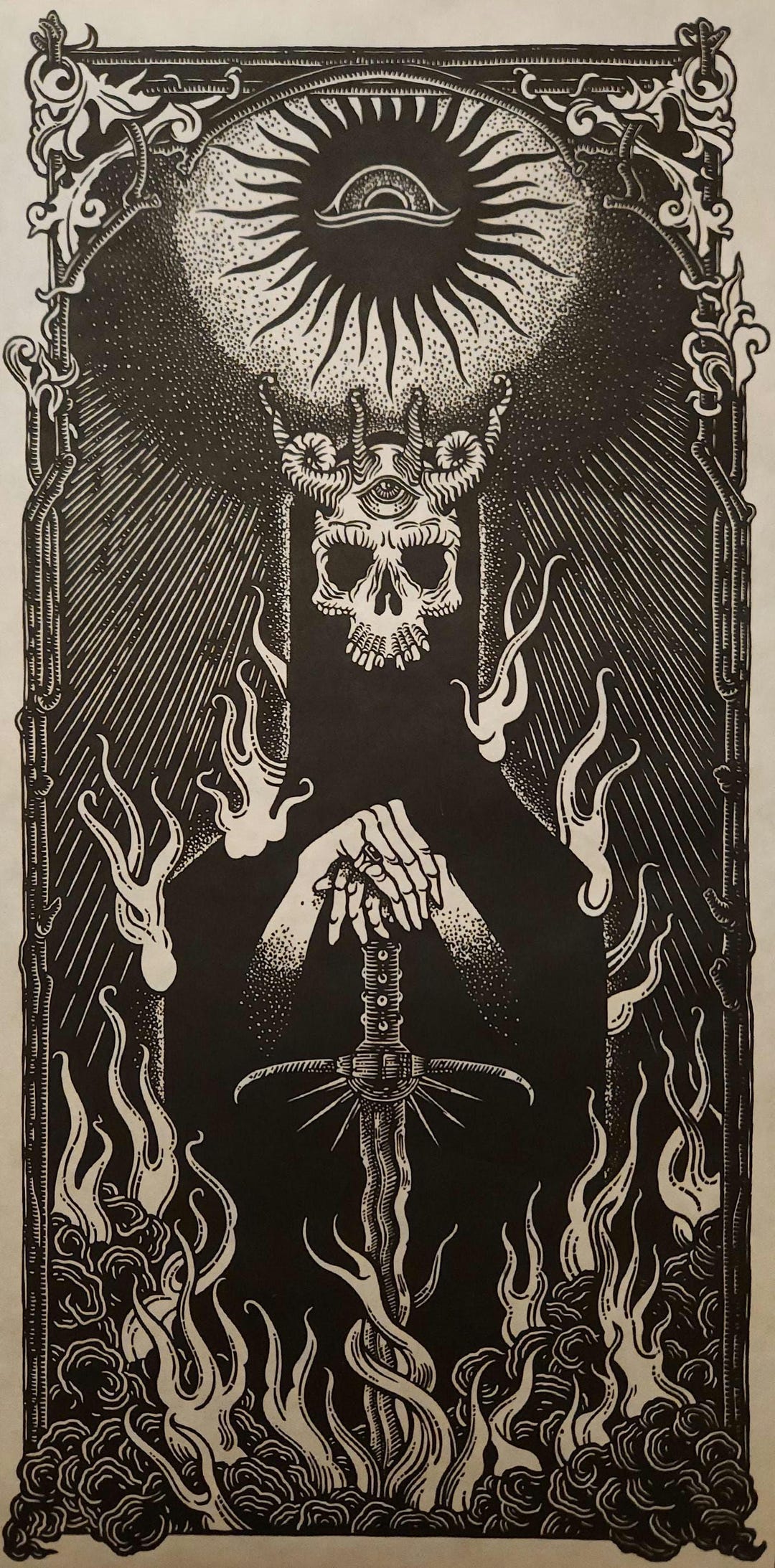 Linocut Print "the Lich" Hand Carved Hand Printed Undead Wizard ...