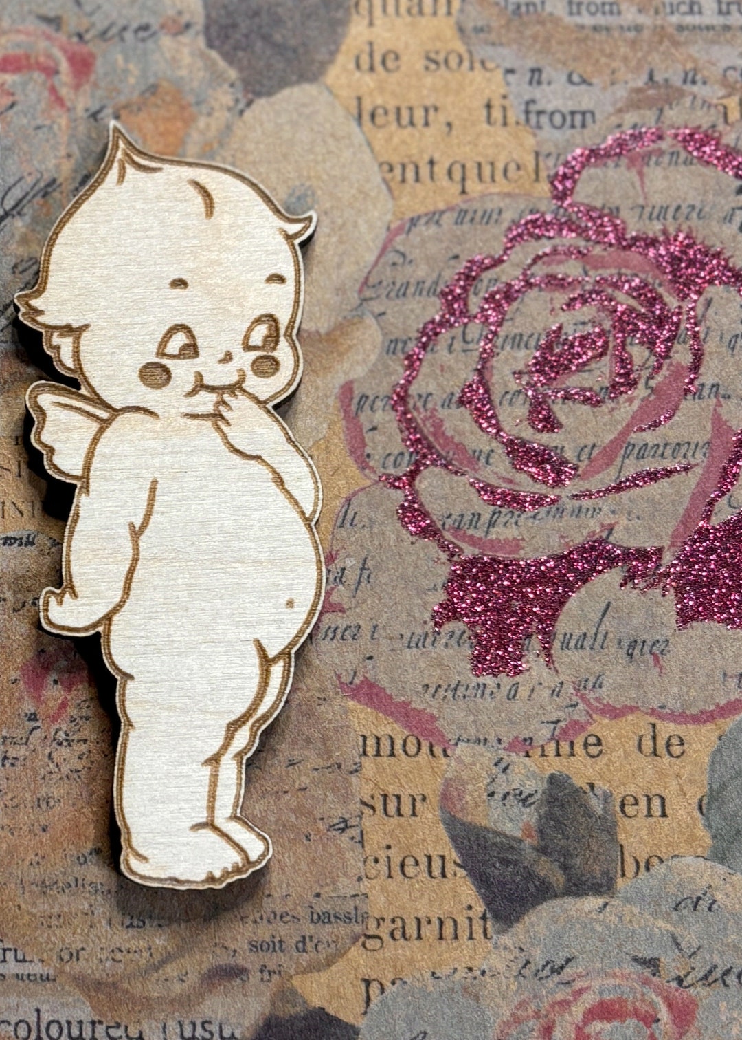 Giggling Kewpie Angel Wooden Magnet, Laser-engraved / Laser-cut Baltic ...