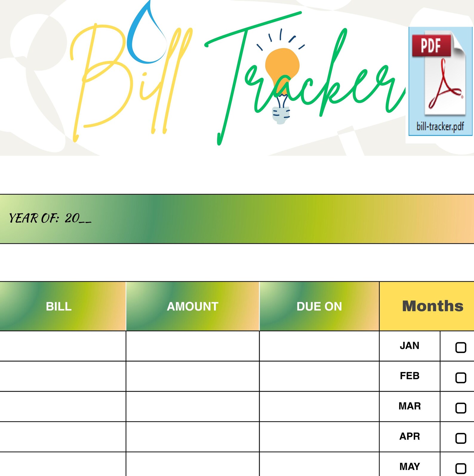 New Bill Tracker, Printable PDF and JPG, Expense Tracker, Budget ...