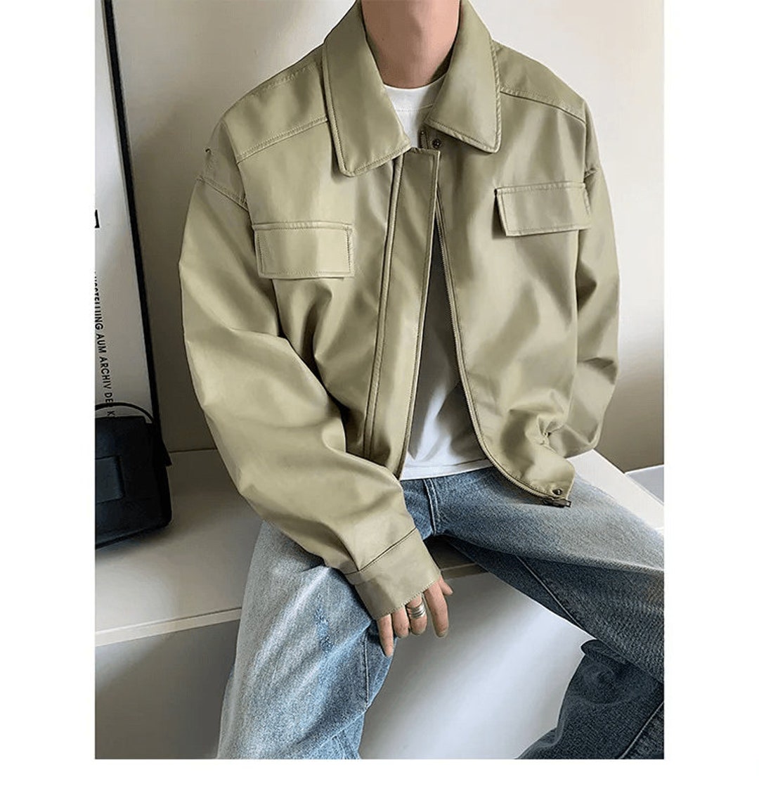 Green Leather Jacket Men's Casual Texture PU Leather Jacket High Street ...