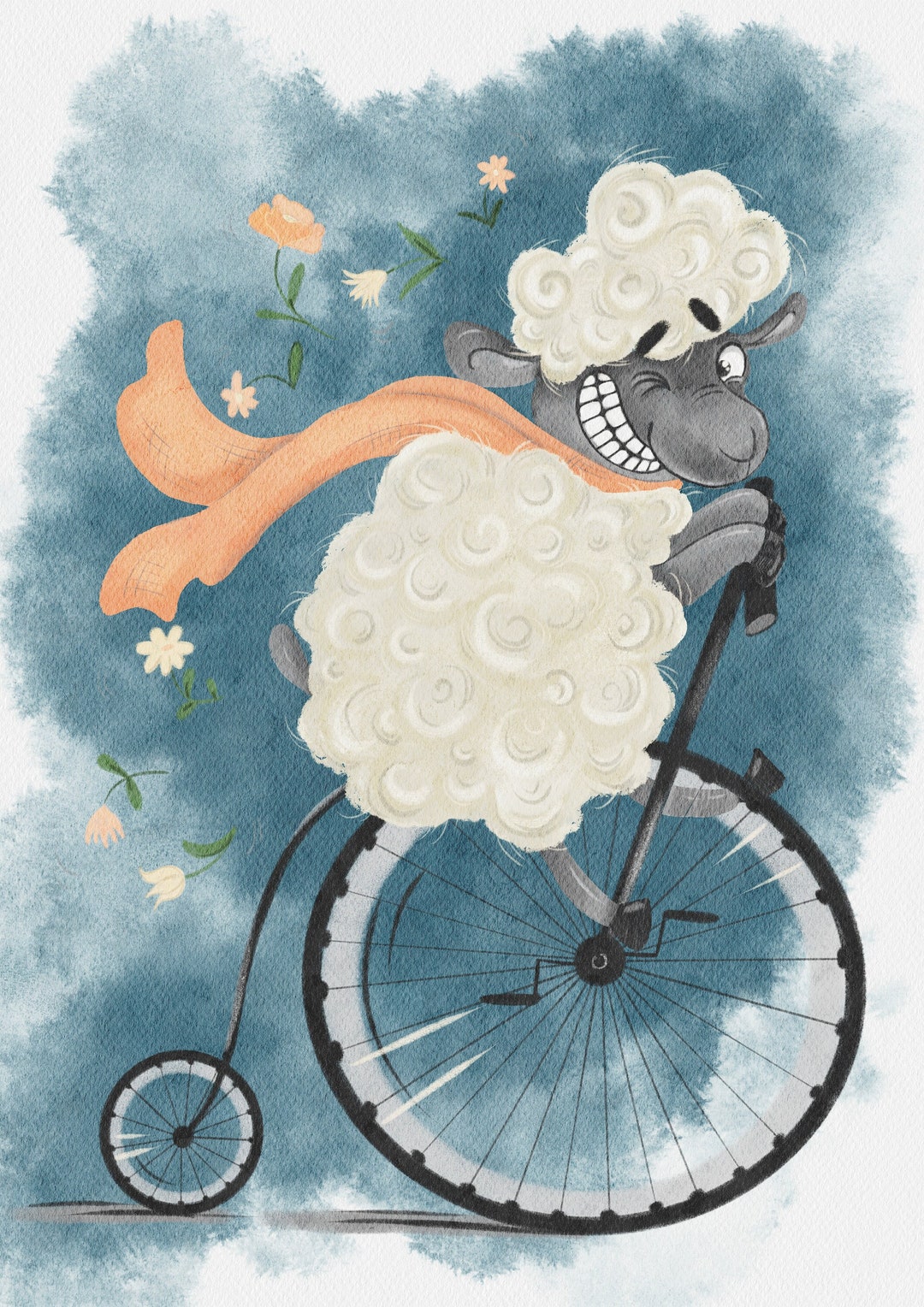 Smiling Sheep Riding a Retro Bicycle With Flowers, Spring, Season, Png ...