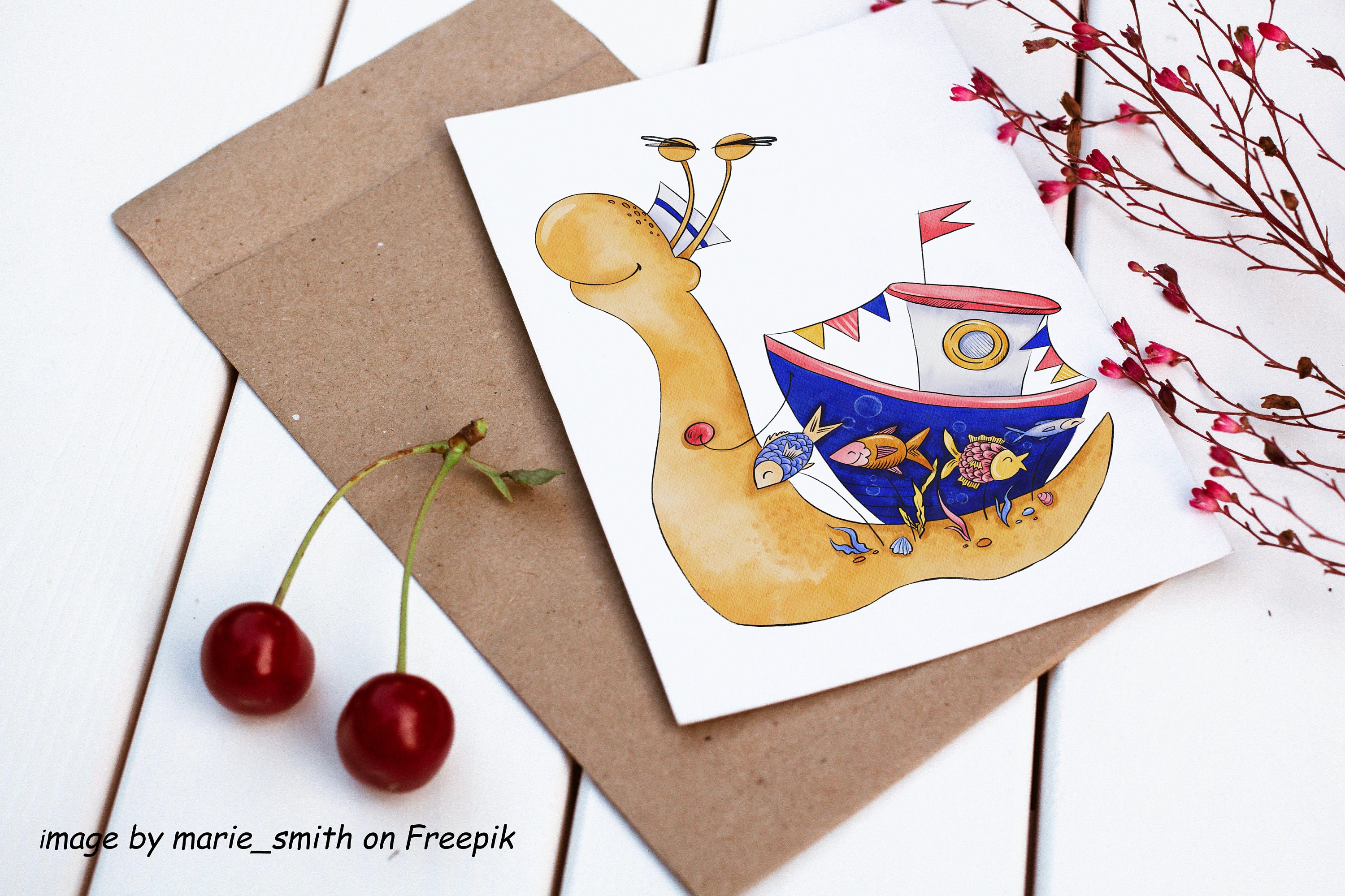 Sailor Snail With a Boat and Fish Card Sticker Print. Clip Art ...