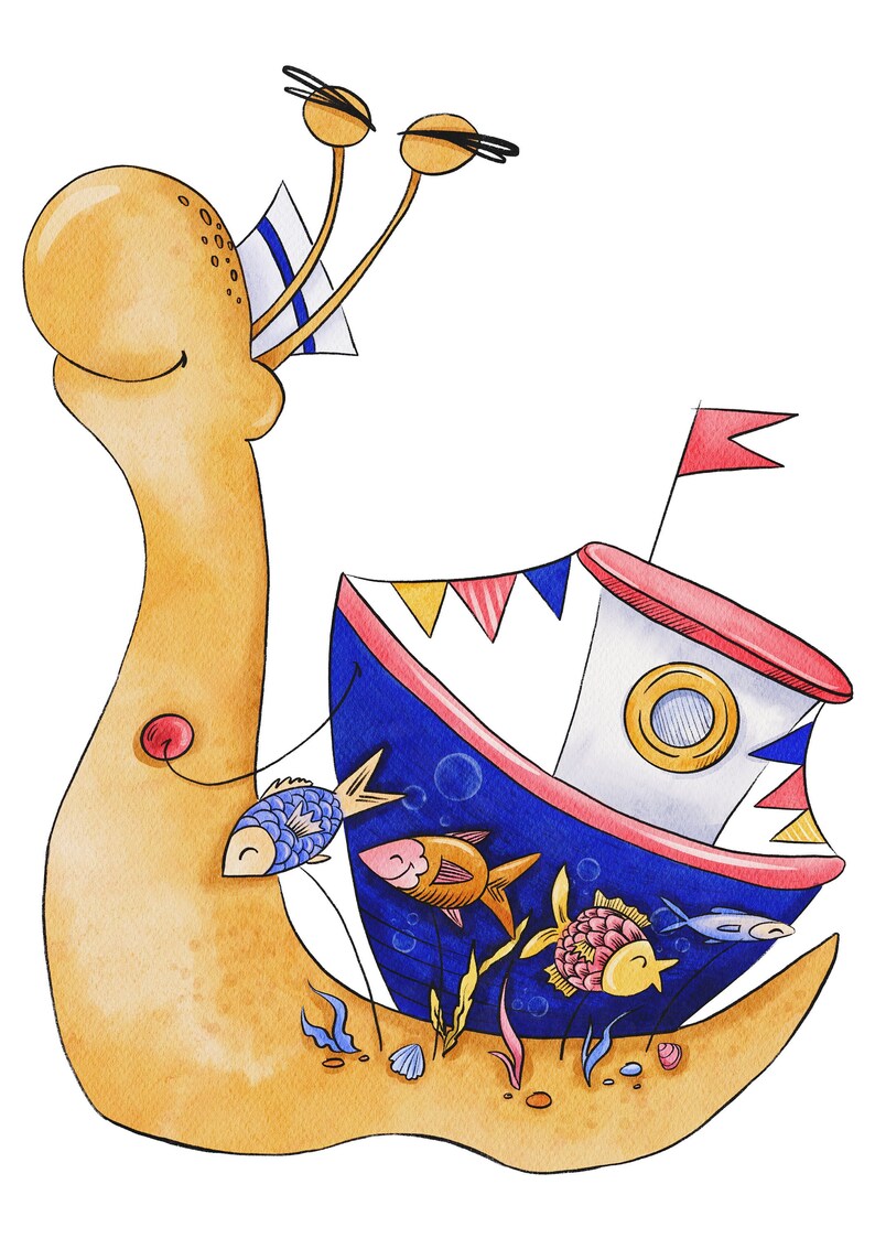 Sailor Snail With a Boat and Fish Card Sticker Print. Clip Art ...