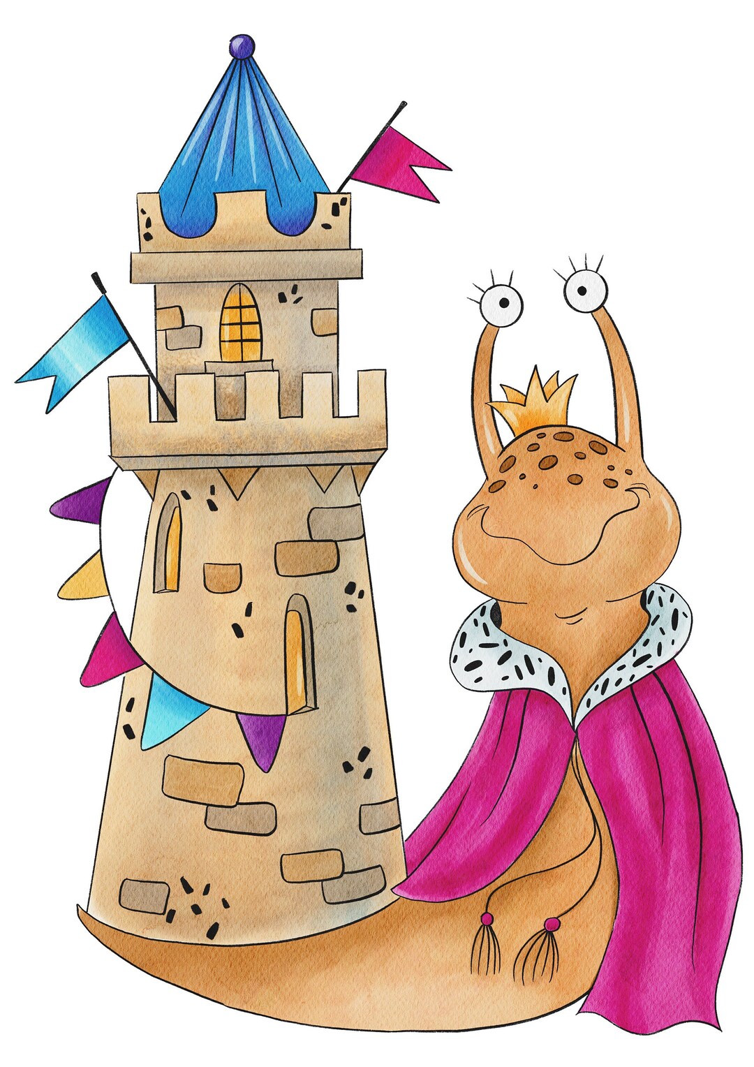 King Snail With a Castle Adorned With Colourful Bunting and Flags. Clip ...