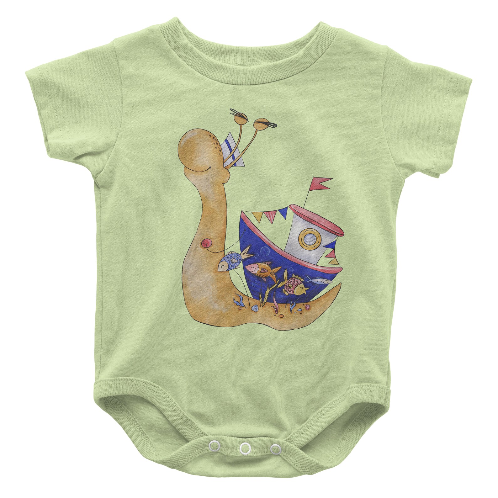Sailor Snail With a Boat and Fish Card Sticker Print. Clip Art ...