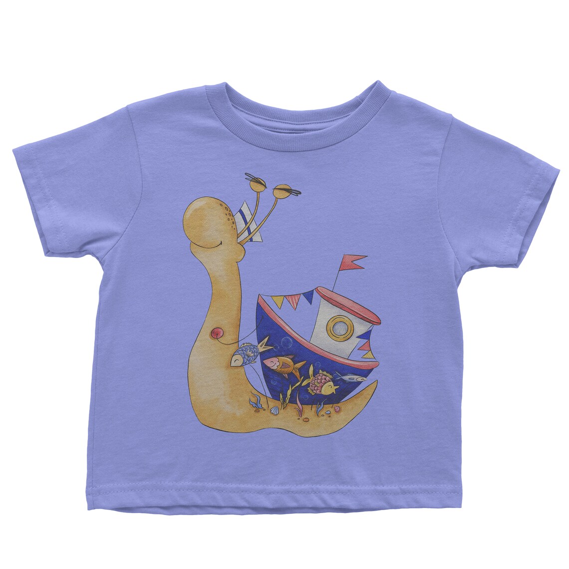 Sailor Snail With a Boat and Fish Card Sticker Print. Clip Art ...