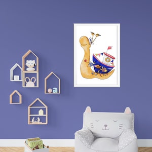 Sailor Snail With a Boat and Fish Card Sticker Print. Clip Art ...