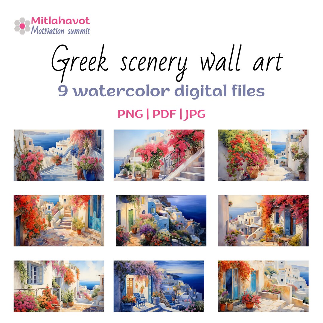 9 Greek Scenery Wall Arts, Greece Background Bundle, Watercolor Wallart ...