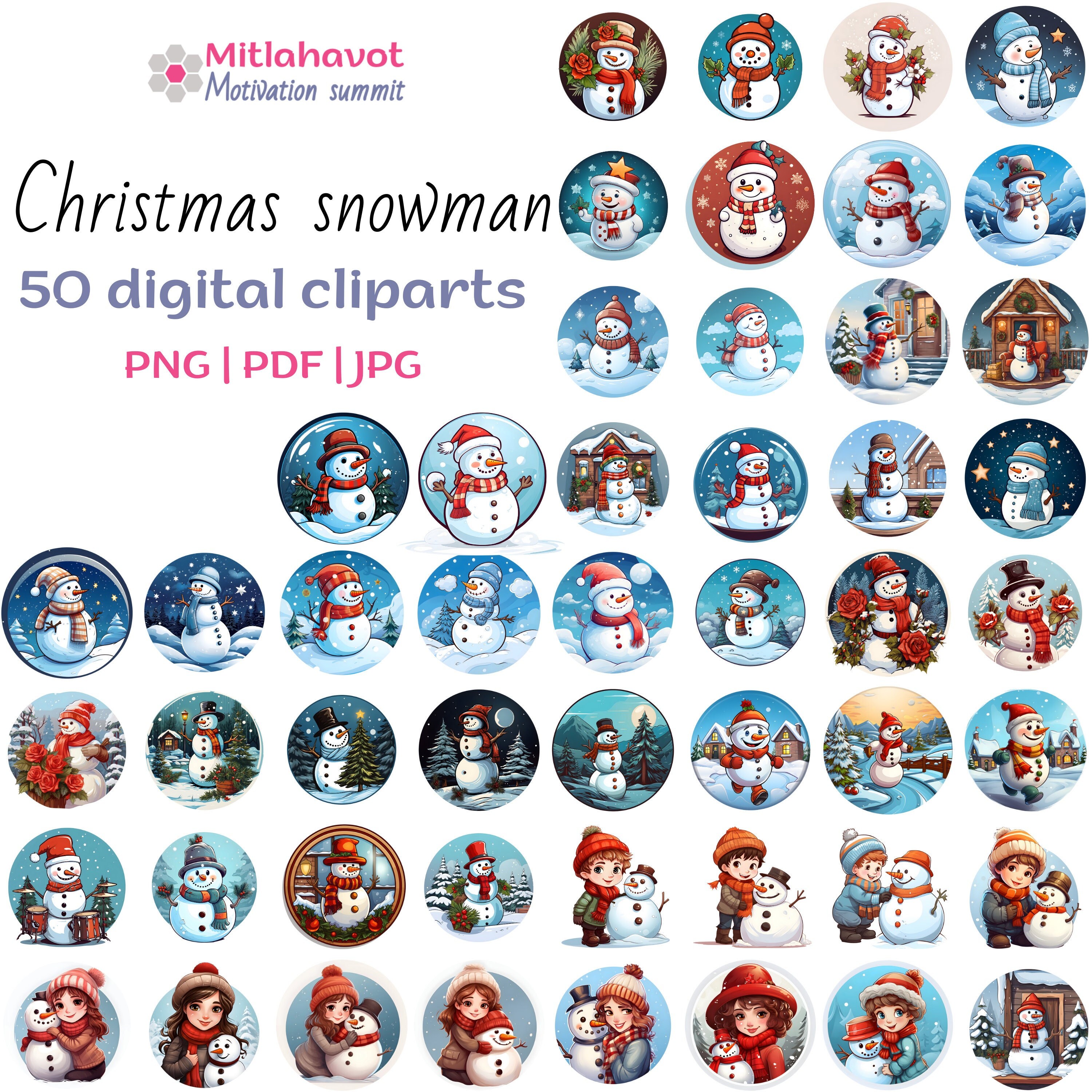 50 Cute Snowman Cliparts Bundle, Christmas Illustration, Festive Winter ...