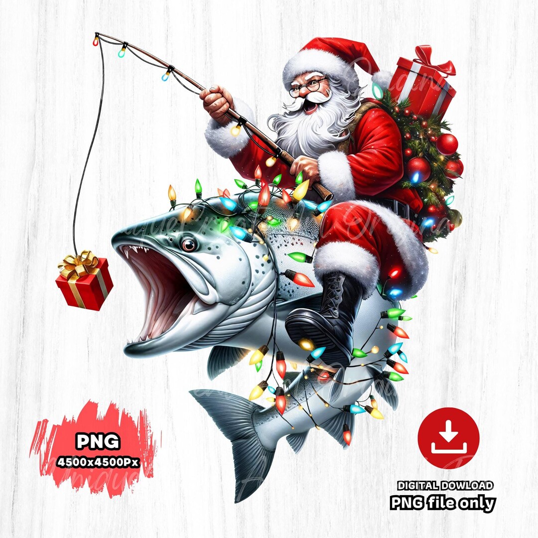 Santa Fishing King Salmon PNG: Christmas Fisherman Gift (digital ...