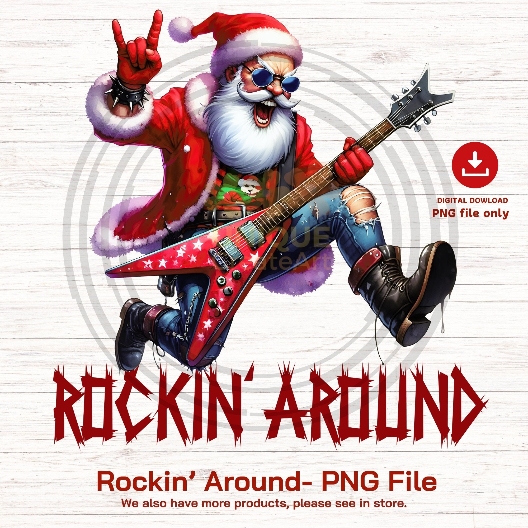 Rockin’ Around Png, Santa Rock Png, Christmas Guitar Santa Png, Funny ...