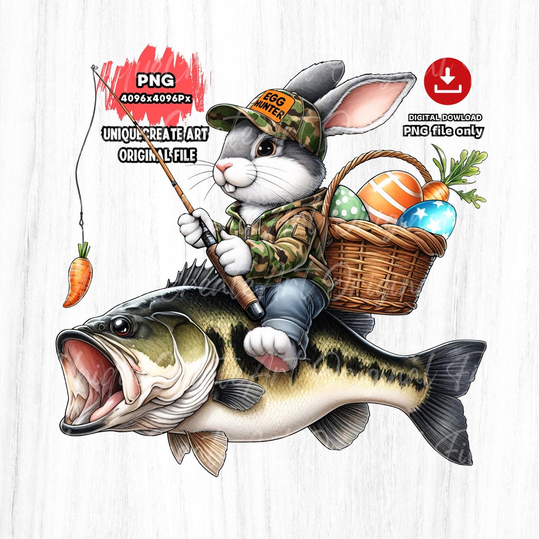 Bunny Bass Fishing Easter PNG: Funny Fisherman Clip Art (digital ...