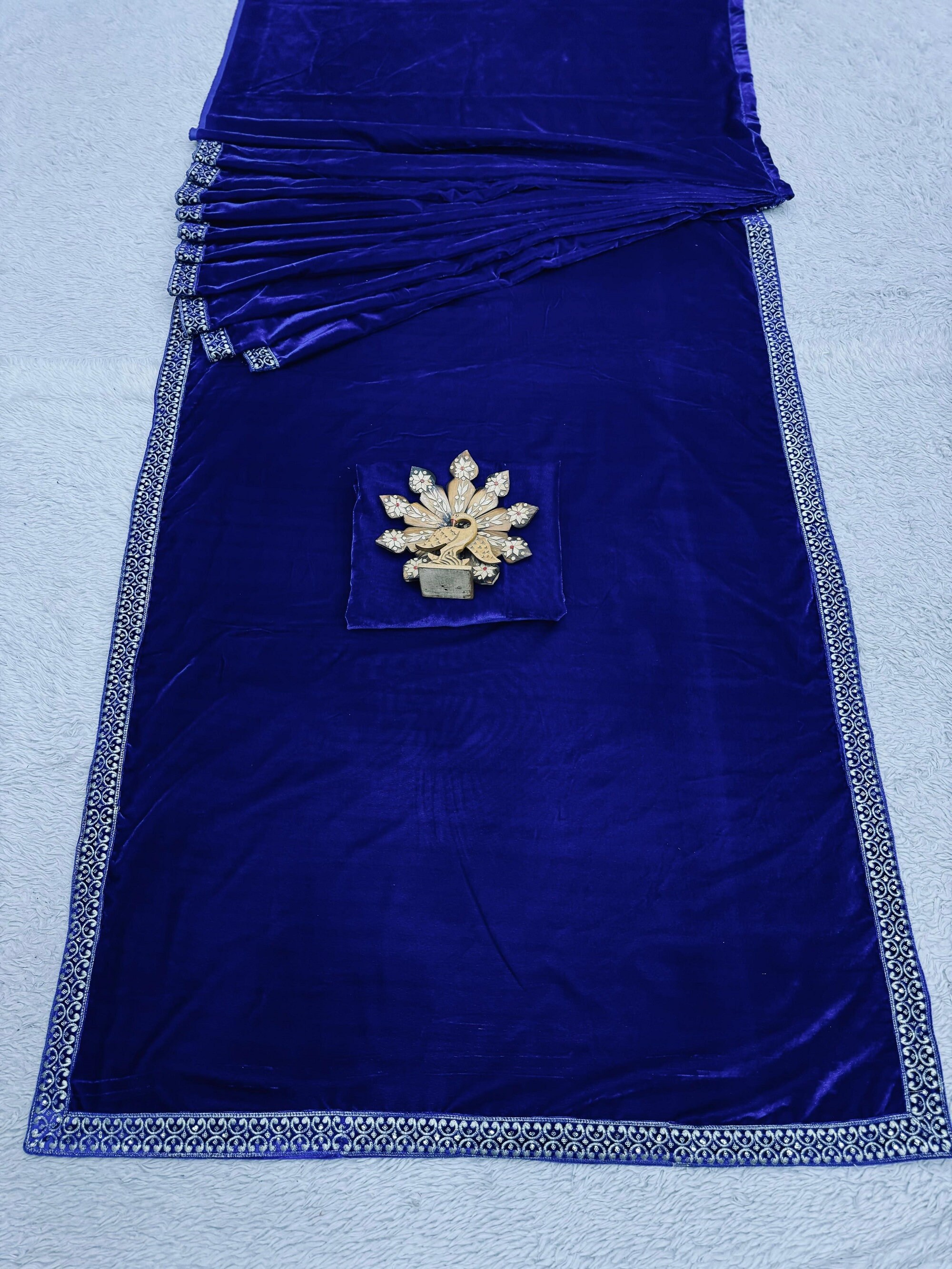 Royal Blue Color Velvet Saree 9000 Velvet Saree Embroidery - Etsy