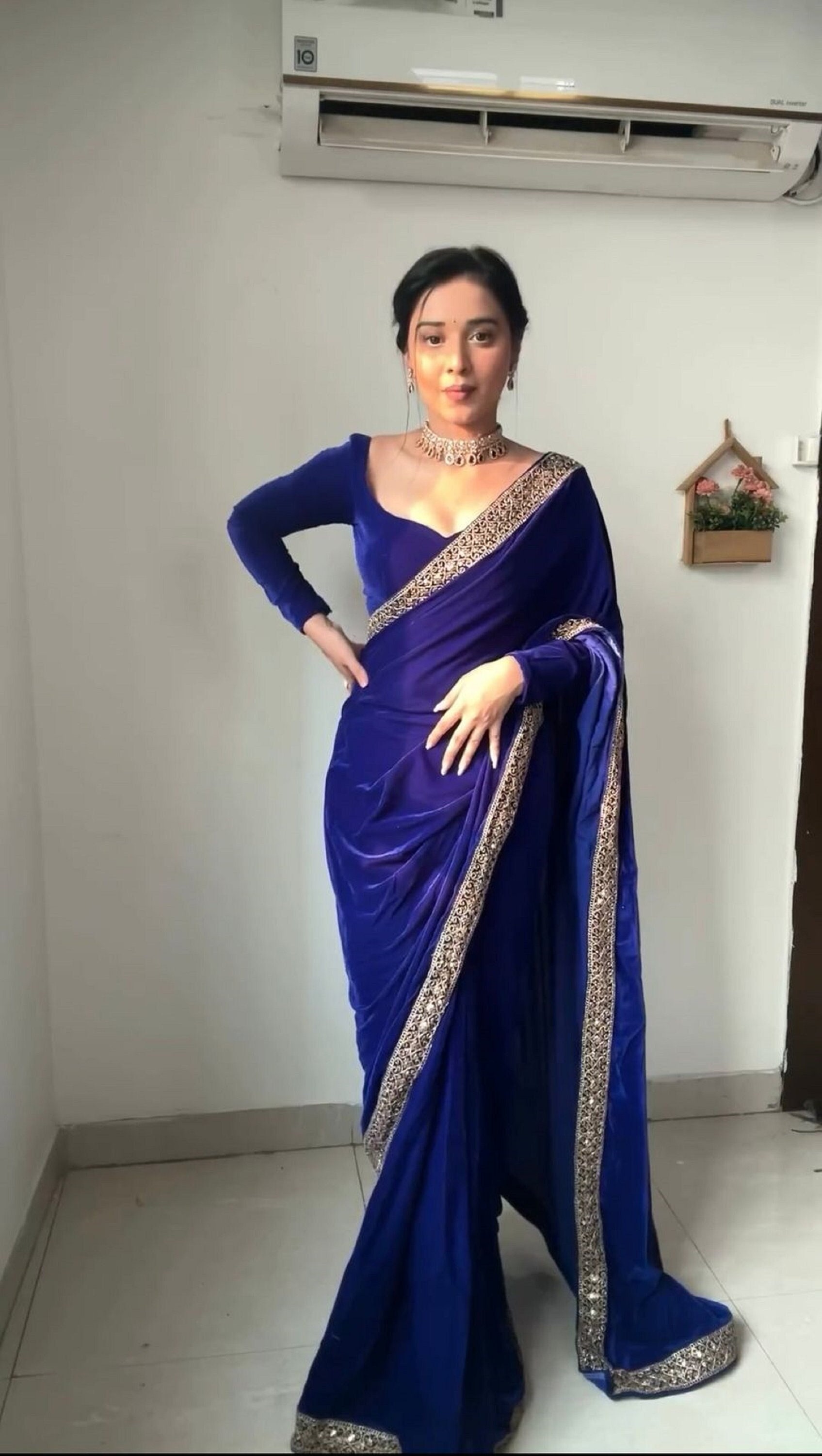 Royal Blue Color Velvet Saree 9000 Velvet Saree Embroidery - Etsy
