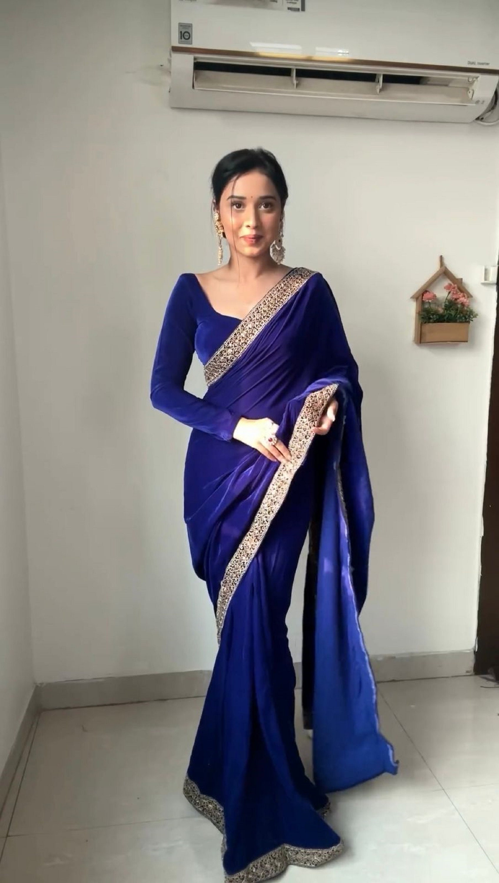 Royal Blue Color Velvet Saree 9000 Velvet Saree Embroidery - Etsy
