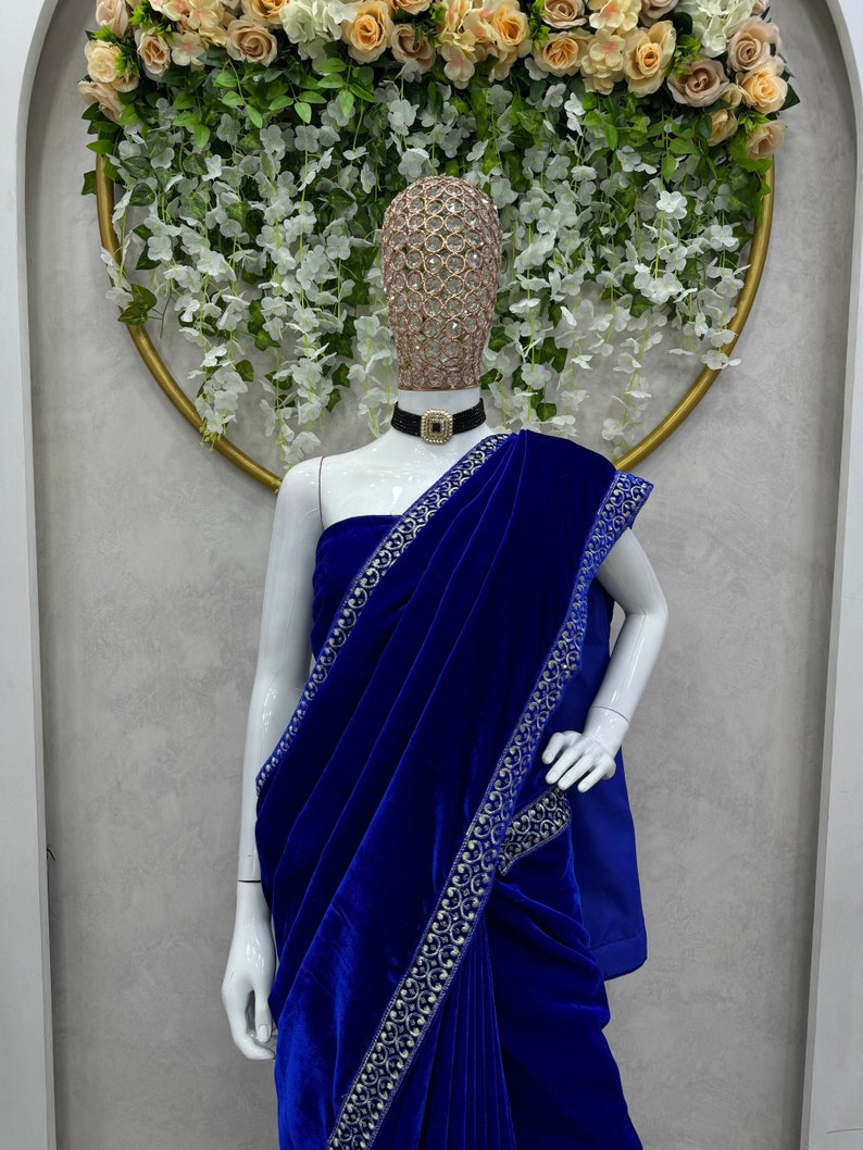 Royal Blue Color Velvet Saree 9000 Velvet Saree Embroidery - Etsy