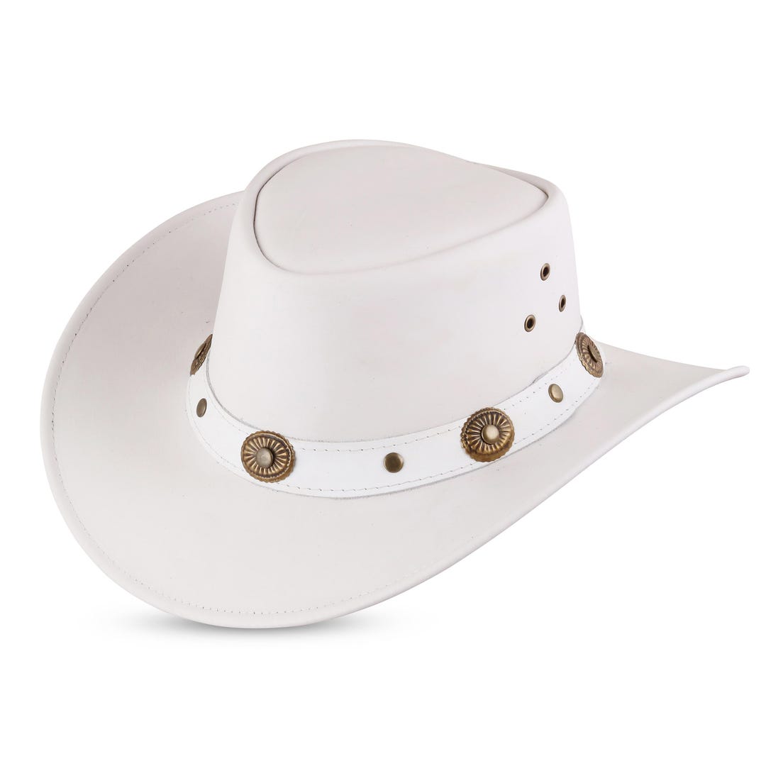 White Leather Cowboy Hat With Gold Conchos- Stylish Western Rancher Hat ...