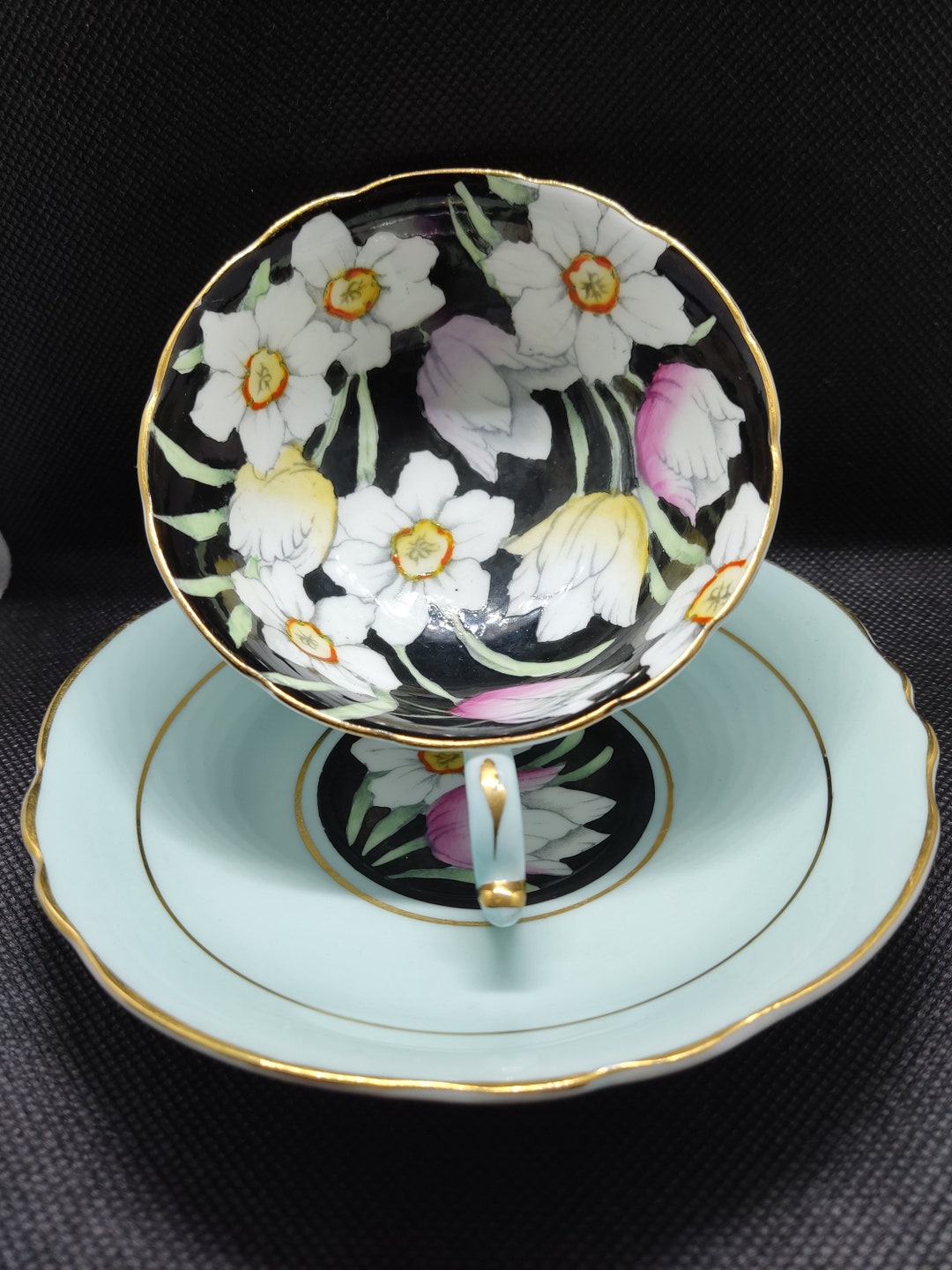 Vintage Rare Paragon Double Warrant, Blue Black Floral Teacup and ...