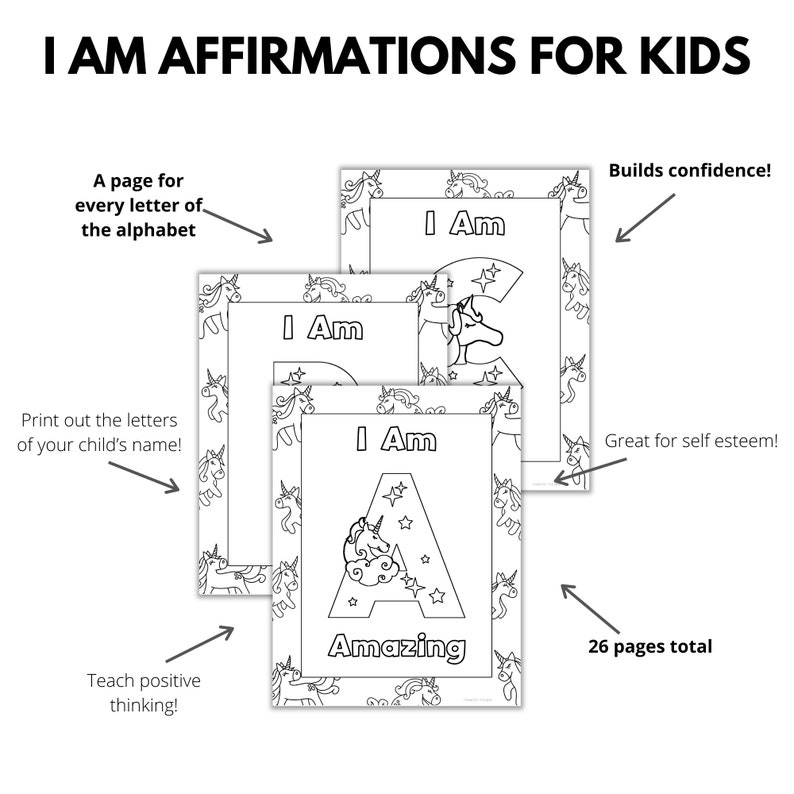 Affirmation Alphabet Coloring Pages for Kids Unicorn Edition Children's ...
