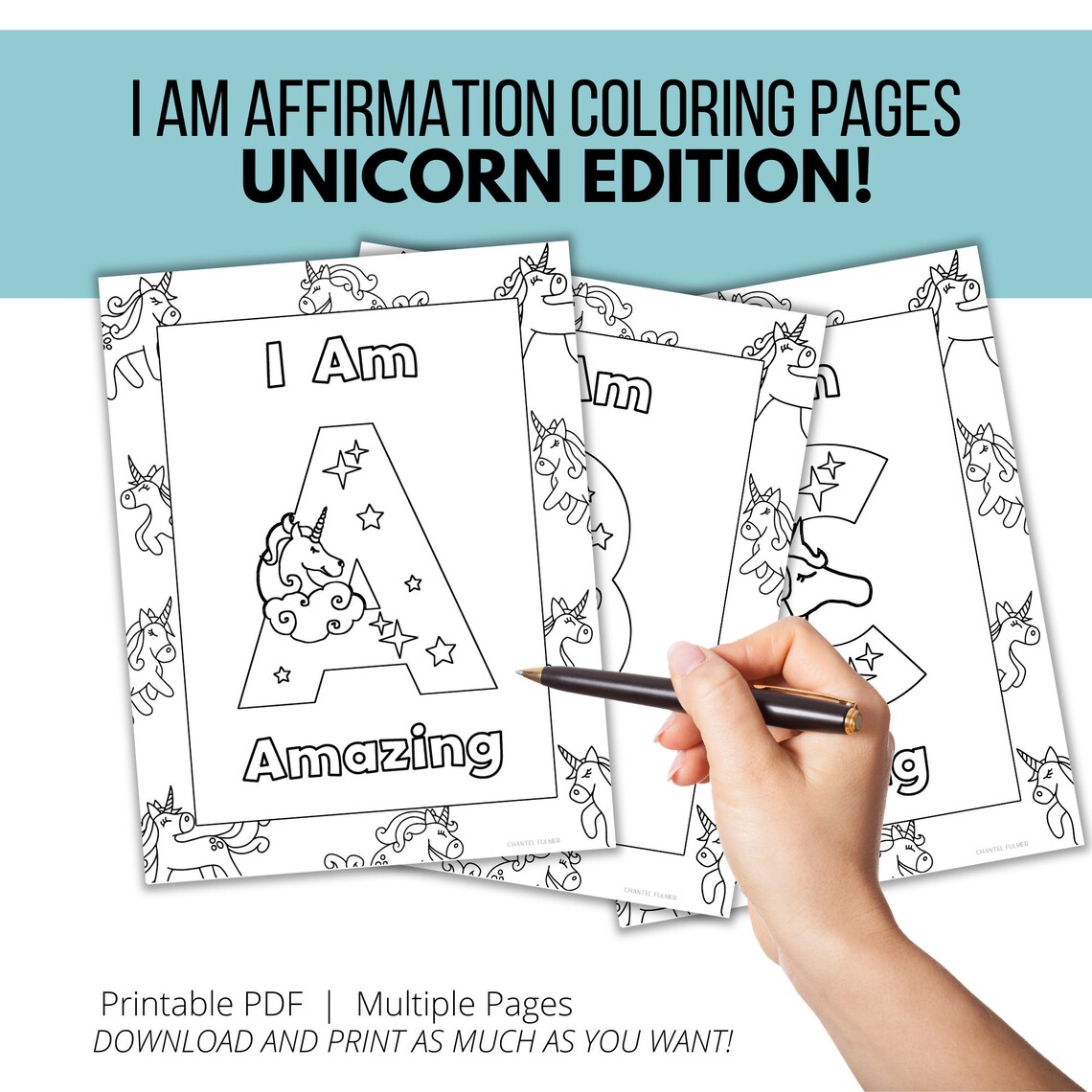 Affirmation Alphabet Coloring Pages for Kids Unicorn Edition Children's ...