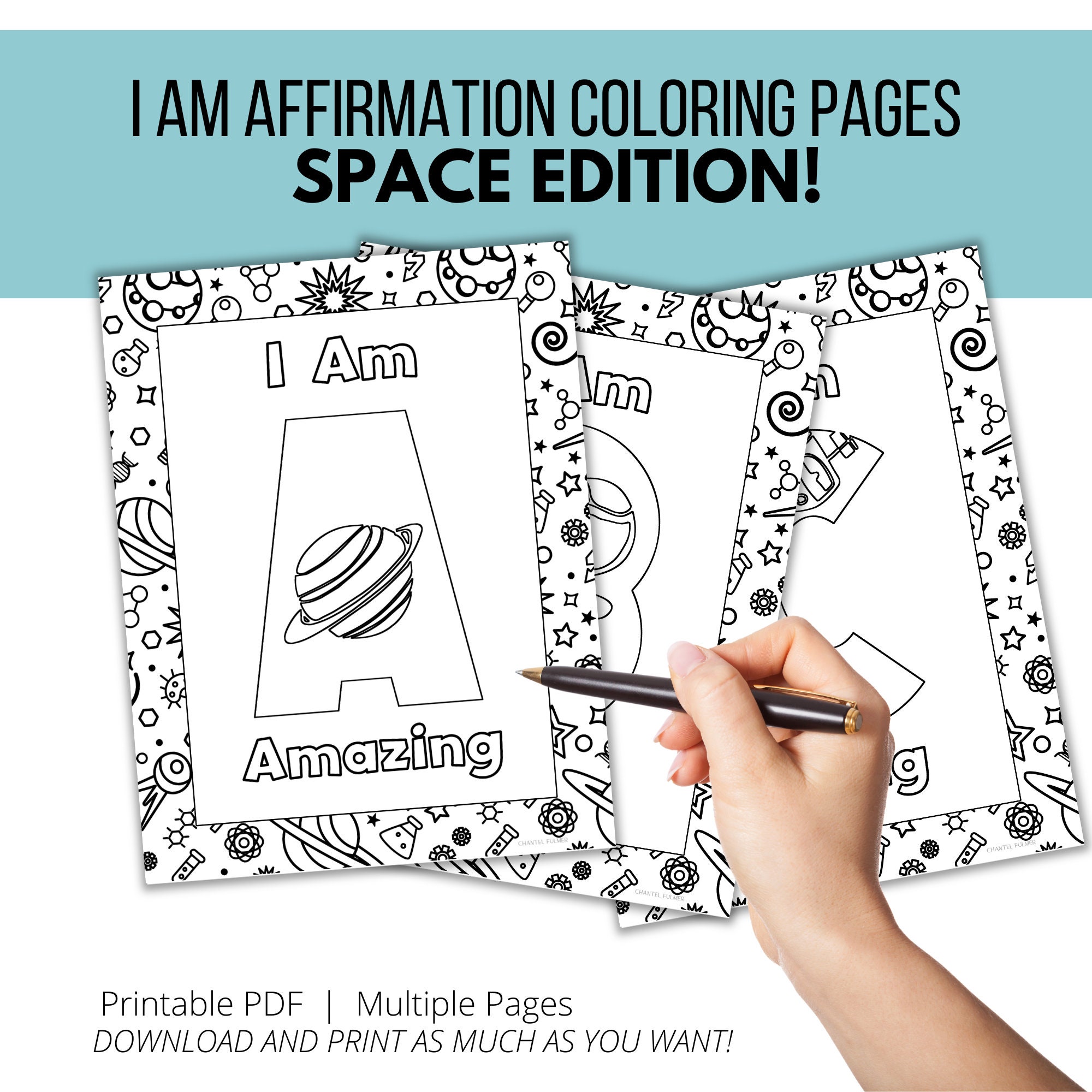 Affirmation Alphabet Coloring Pages for Kids Space Edition Children's ...