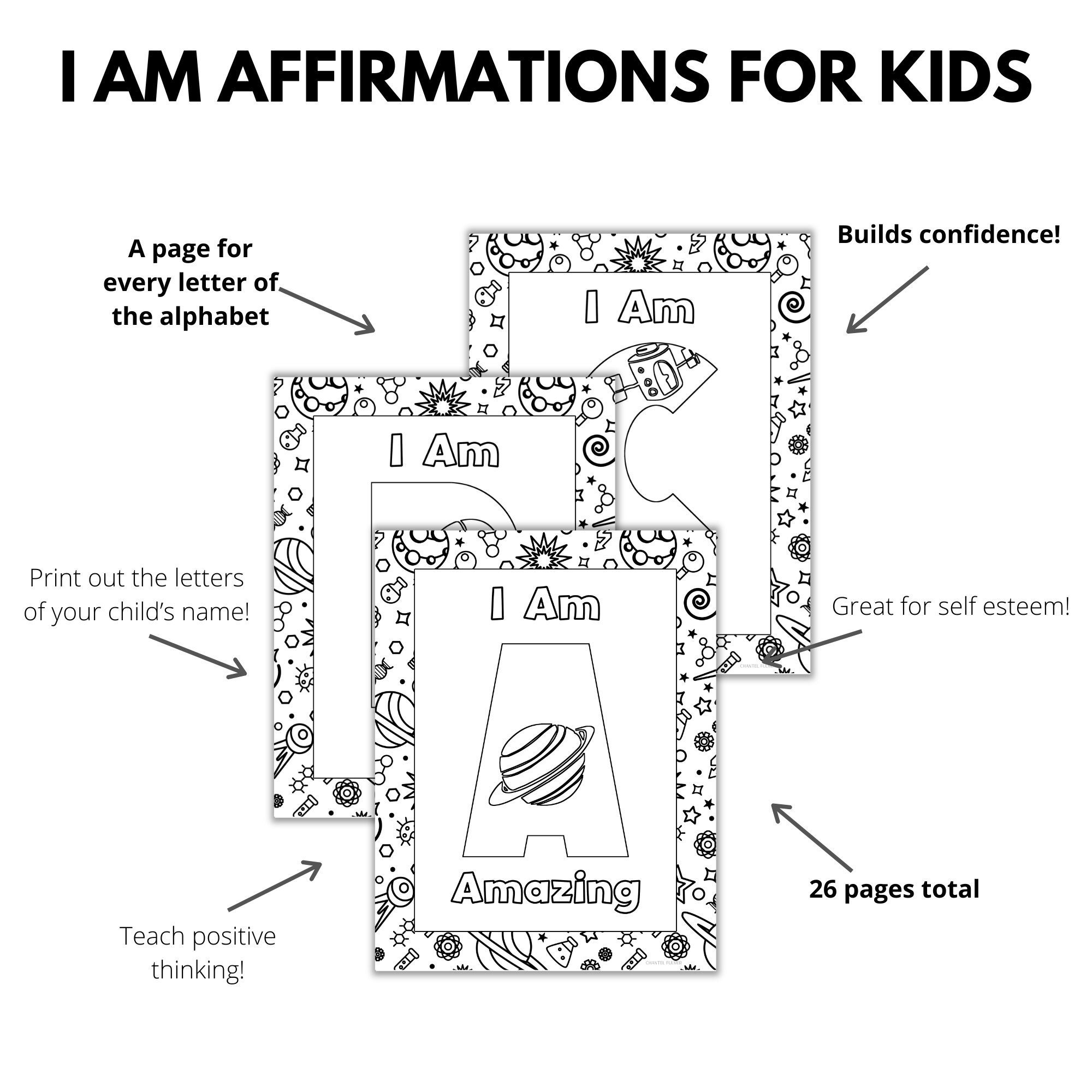 Affirmation Alphabet Coloring Pages for Kids Space Edition Children's ...