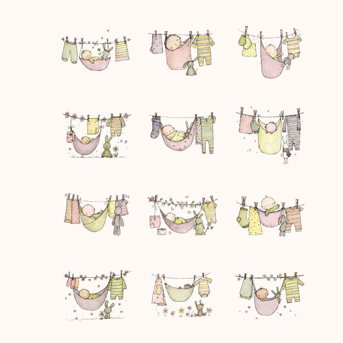 Baby Clothesline Clipart: Pastel Nursery Art, Gender Neutral (PNG JPG ...