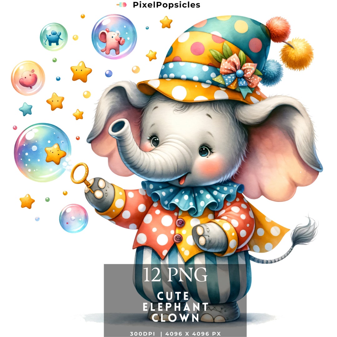 Cute Elephant Clown Clipart | Adorable Clown Clipart Bundle | 12 High ...