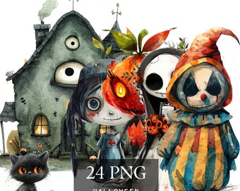 12 Whimsical Halloween Watercolour Clipart PNG Bundle Spooky Halloween ...