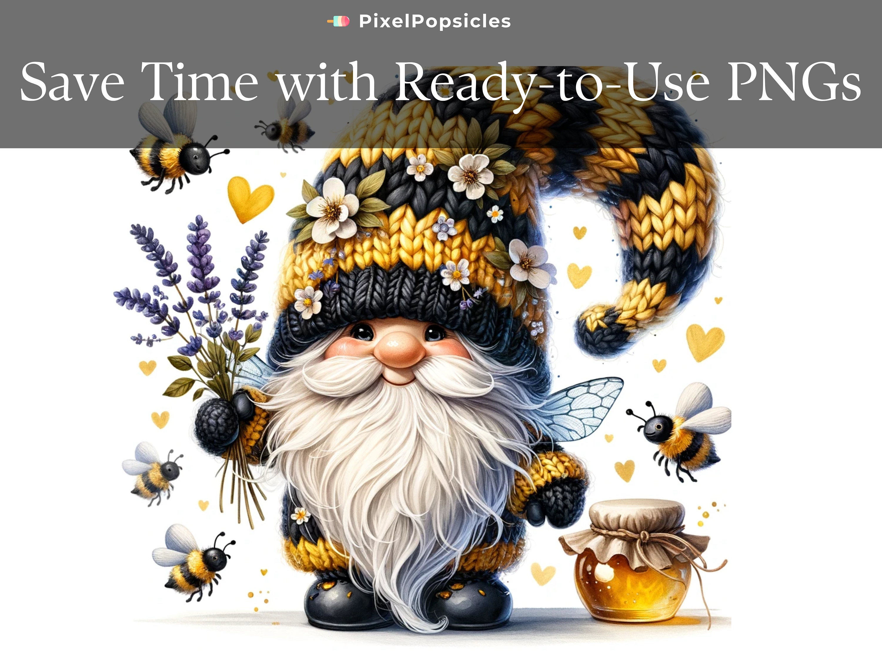 10 Honey Bee Gnomes Clipart Bundle, Bee Clipart, Flowers Png Graphics ...