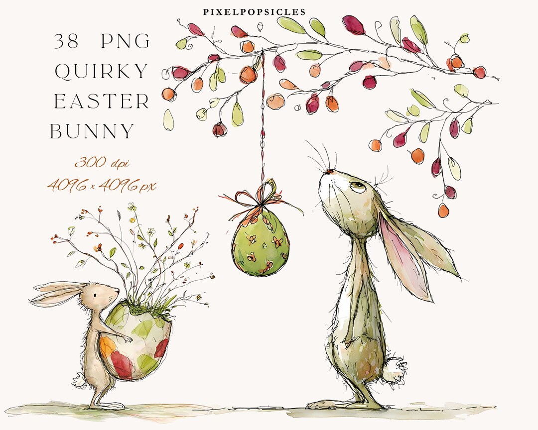Quirky Easter Bunny Clipart: Whimsical Rabbit PNG Bundle (digital ...