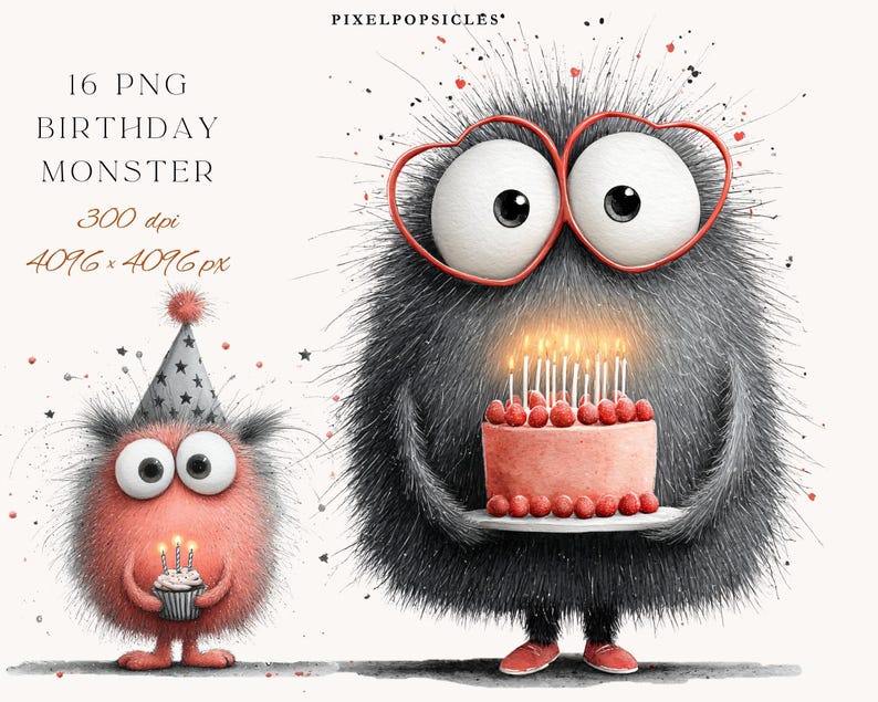 Birthday Monster Clipart – Cute Watercolor Furry Monsters (digital ...