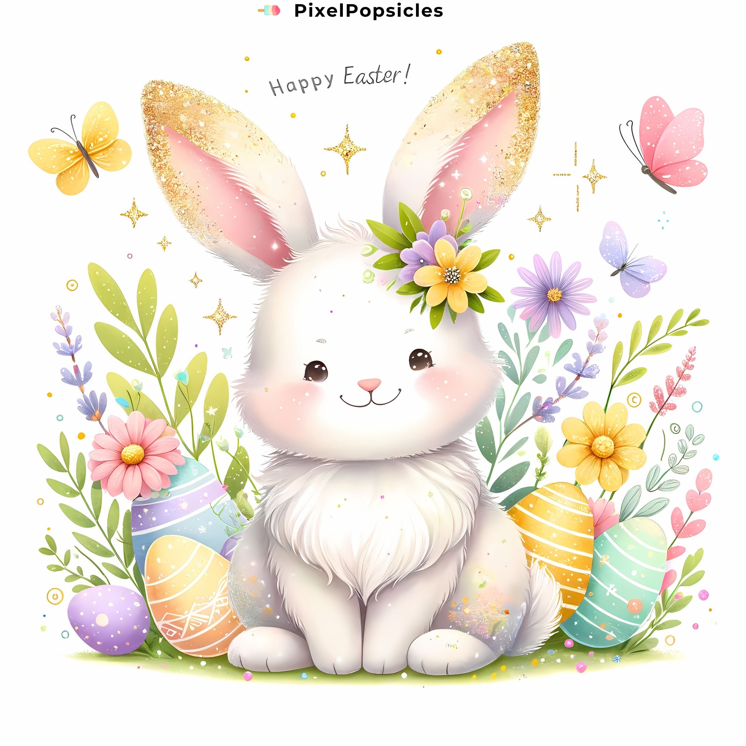 4 Happy Easter Cute Bunnies Watercolor Clipart JPG, Spring Flowers ...