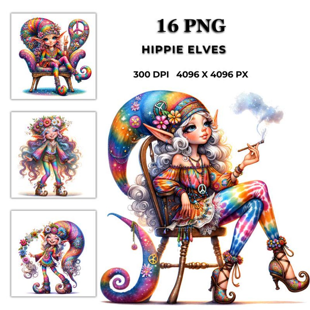16 Hippie Elves Watercolor PNG, Elves Tie Dye Clipart PNG, Sublimation ...
