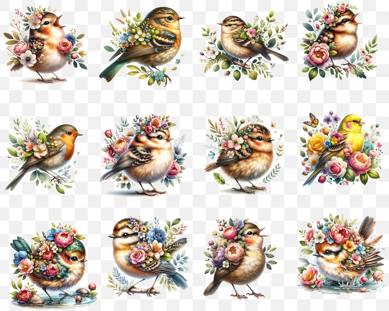 Spring Birds PNG Clipart, Floral Bird Art, Watercolor Illustration, 300 ...