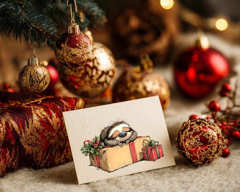 Whimsical Christmas Sloths Watercolor Clipart: High-res Pngs (digital ...