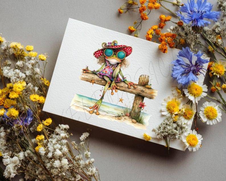 Frog on the Beach Clipart: Summer Watercolor PNG Images (digital ...