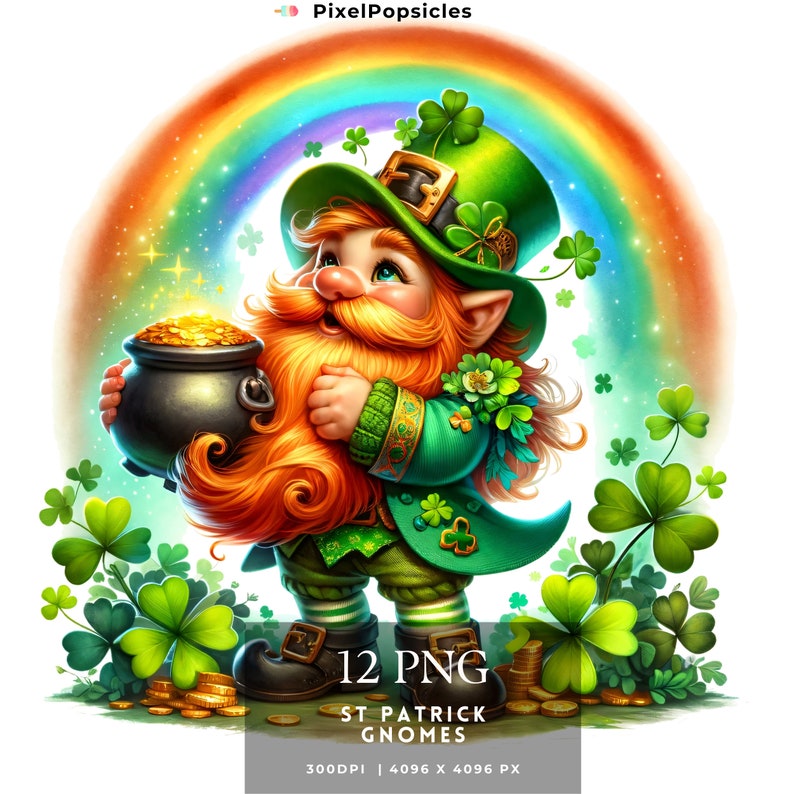 12 St Patrick Gnomes Clipart Illustration Watercolor PNG Set Saint ...