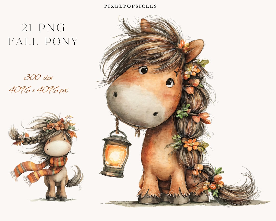Fall Pony Clipart: Floral Horse Pngs for Nursery Decor (digital ...