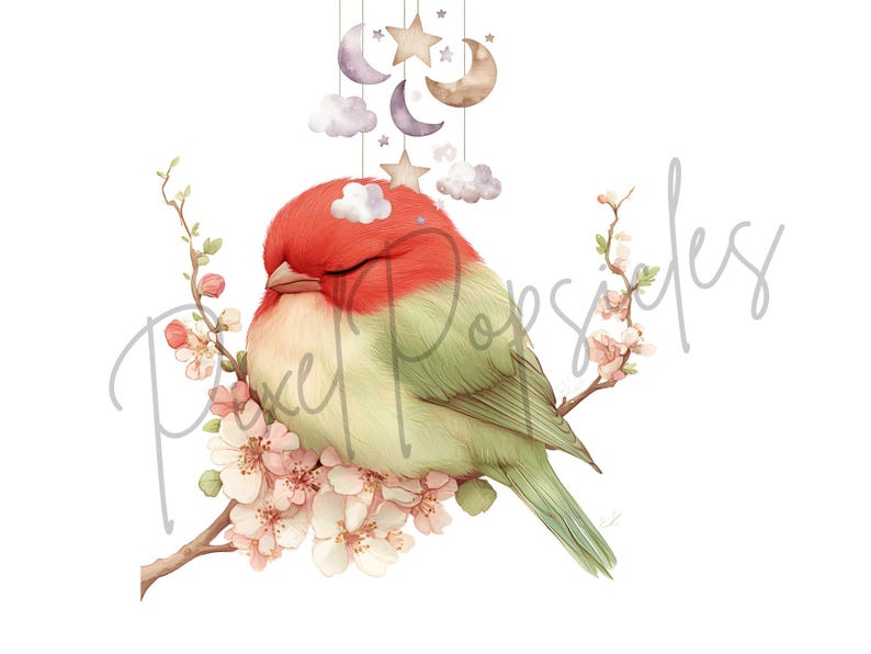 Sleeping Bird Clipart, Watercolor Illustration, Floral Bird PNG, Spring ...