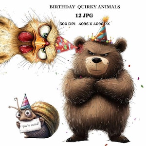 Grumpy Birthday Animals Clipart – Quirky Funny Party JPG, Whimsical ...