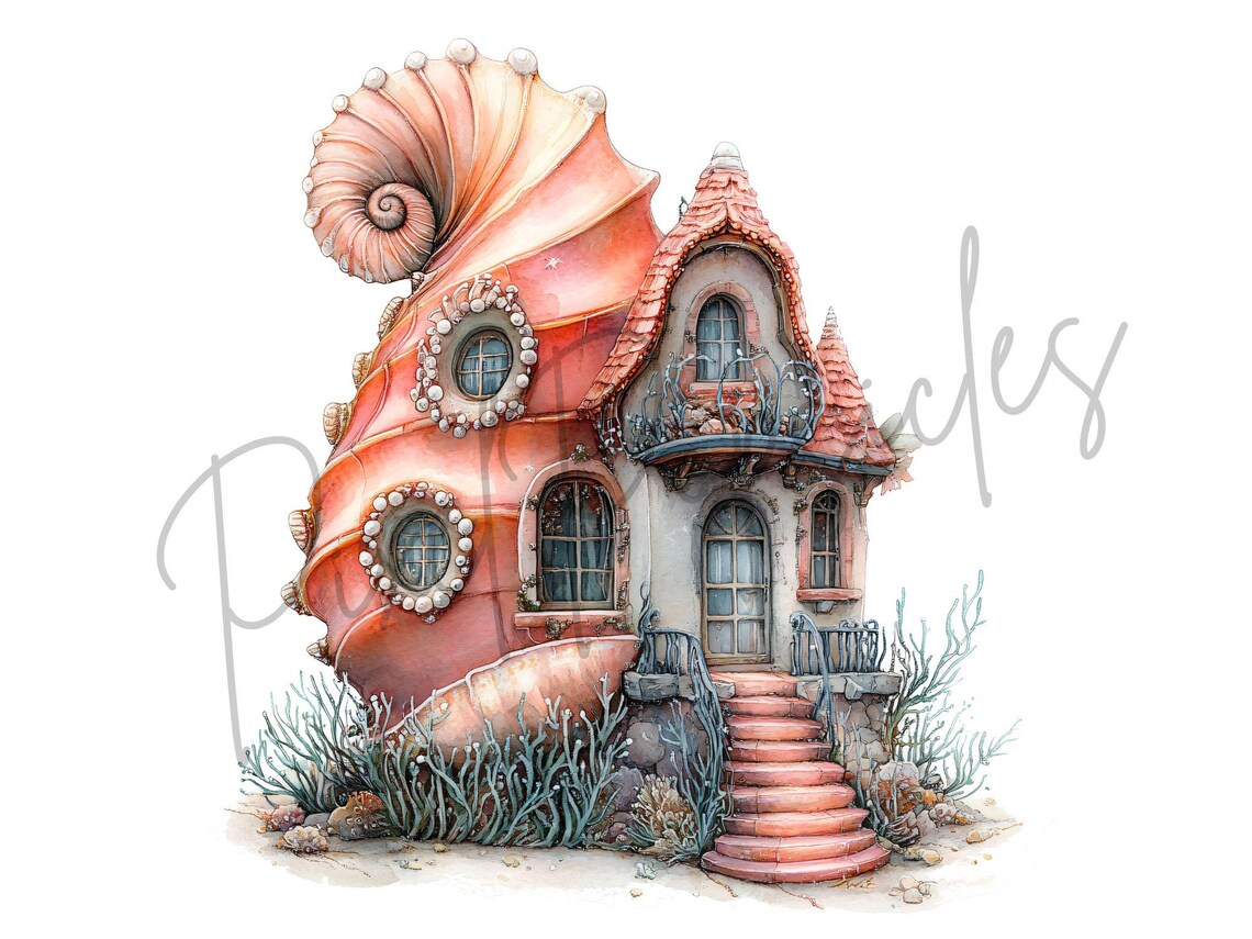Whimsical Clam Shell House Clipart: Fantasy Ocean Cottage PNG (digital ...