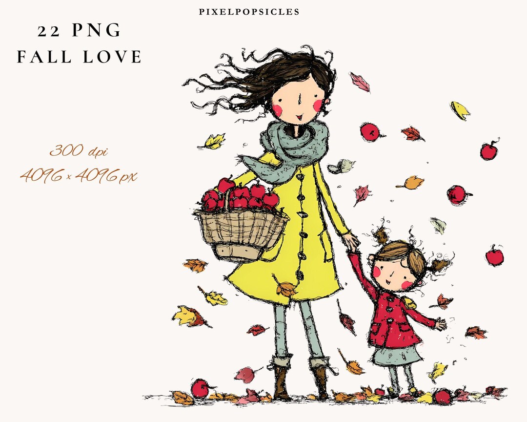 Mama and Kids Fall Clipart Bundle, 22 PNG Autumn Illustrations Fall ...