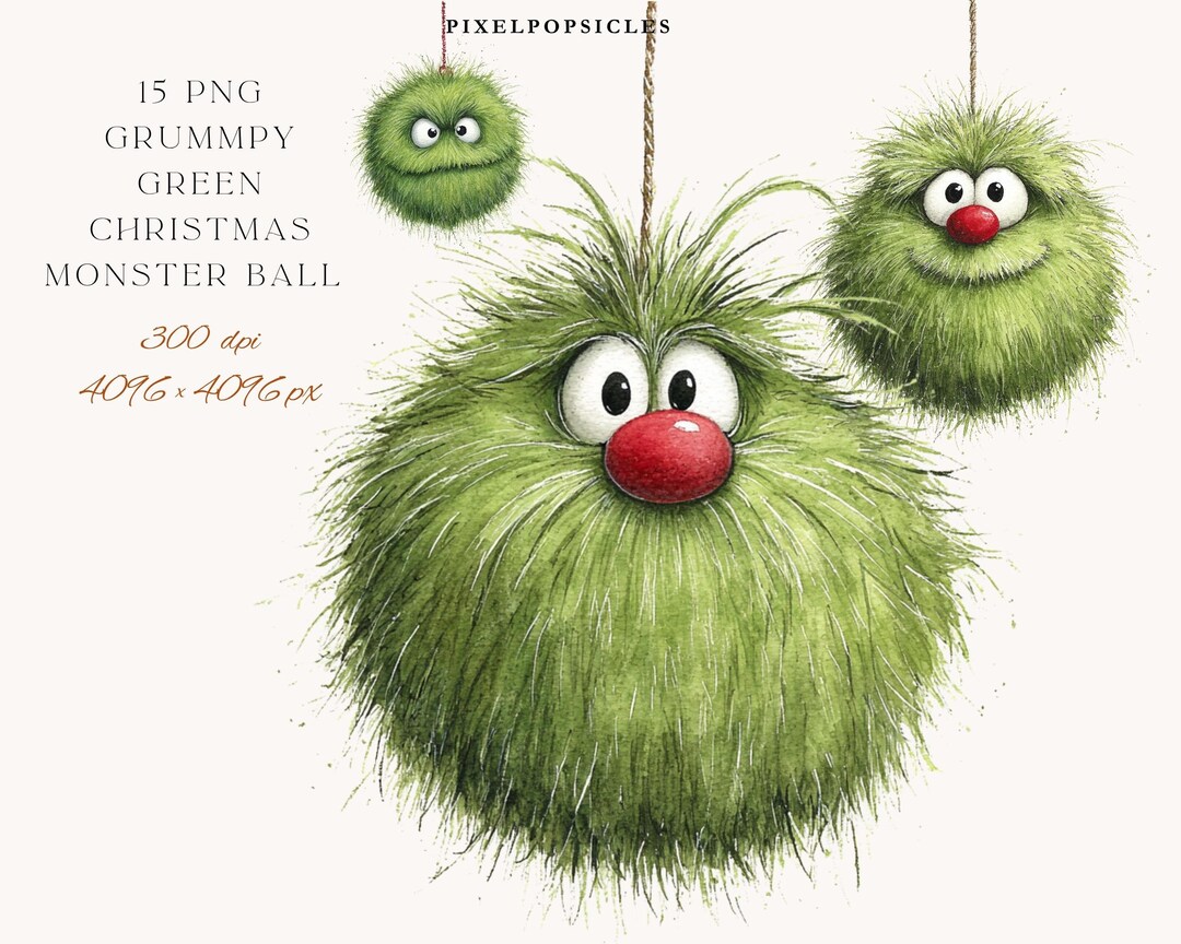 Grumpy Green Christmas Monster Ball Clipart: 15 PNG Ornaments (digital ...