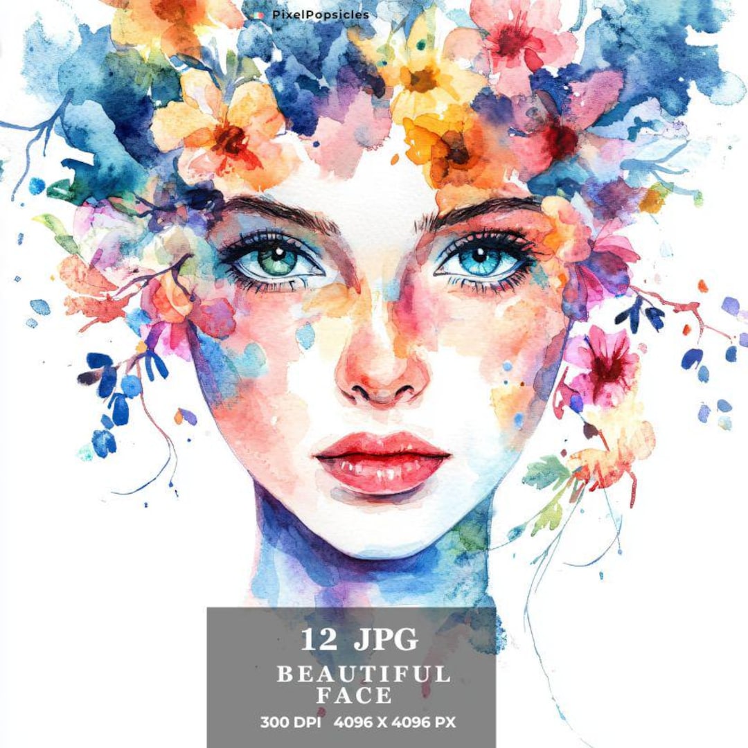 Watercolor Woman Portrait Clipart: Floral Face Art (JPG Digital ...