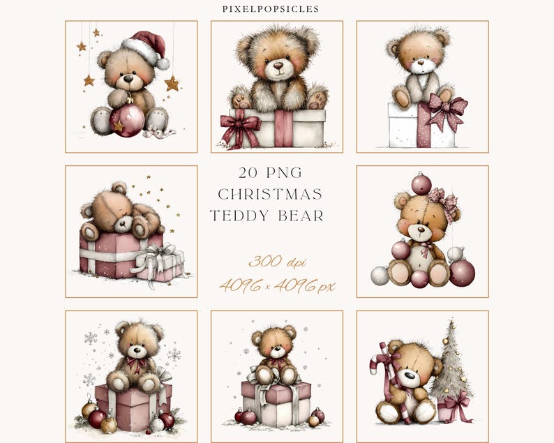 Sweet Christmas Teddy Bear Clipart: Watercolor PNG Images (digital ...
