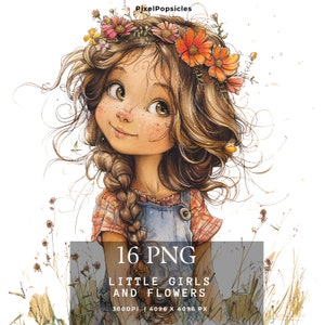 Little Girls and Flowers Clipart Bundle: Watercolor PNG Graphics ...