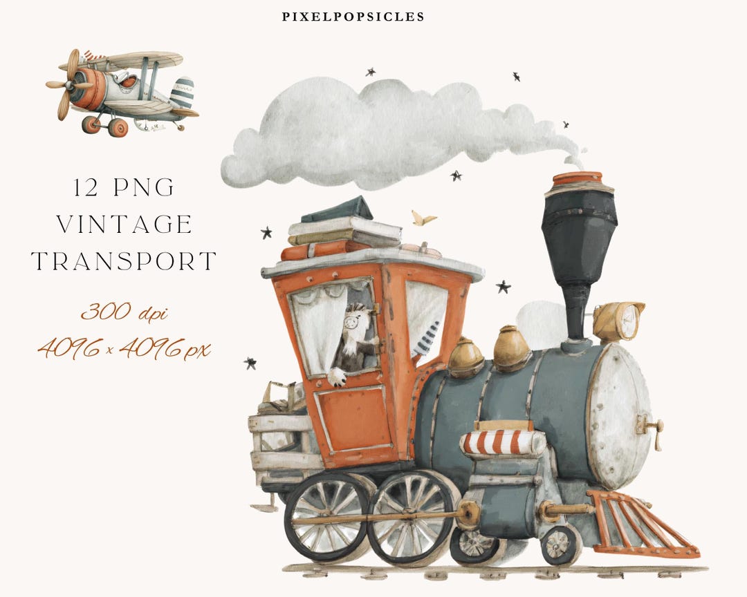 Vintage Transport Clipart: Retro Car, Airplane Illustrations (digital ...